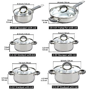 Cook N Home Stainless Cookware Sets Basic Pots and Pans, 12-Piece, Stainless Steel Grey Silicone Handle