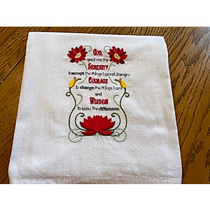 Serenity prayer embroidered flour sack tea towel, dish towel, choice of flower and large text color, machine embroidery,
