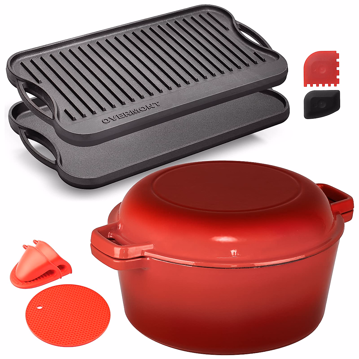 Overmont cast iron griddle + enamel cast iron dutch oven bundle