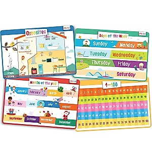 merka Kids Placemat, 4 Pack Toddler Educational Placemats 17x11 in, for Dining Table Features Days of The Week, Numbers 1-100, Months Opposites, Silicone Reusable Wipeable Mats