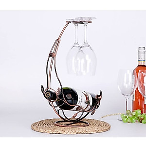 Ecostan Wine Holder Stand &Kitchen Tabletop Decoration，Metal Wine Bottle Rack for Holds 1 Bottle 2 Glasses（Bronze）