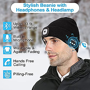 Bluetooth Beanie Hat with Light, Unisex LED Cap with Headphones Built-in Stereo Speakers & Mic, Tech Gift for Men Women Dad Black