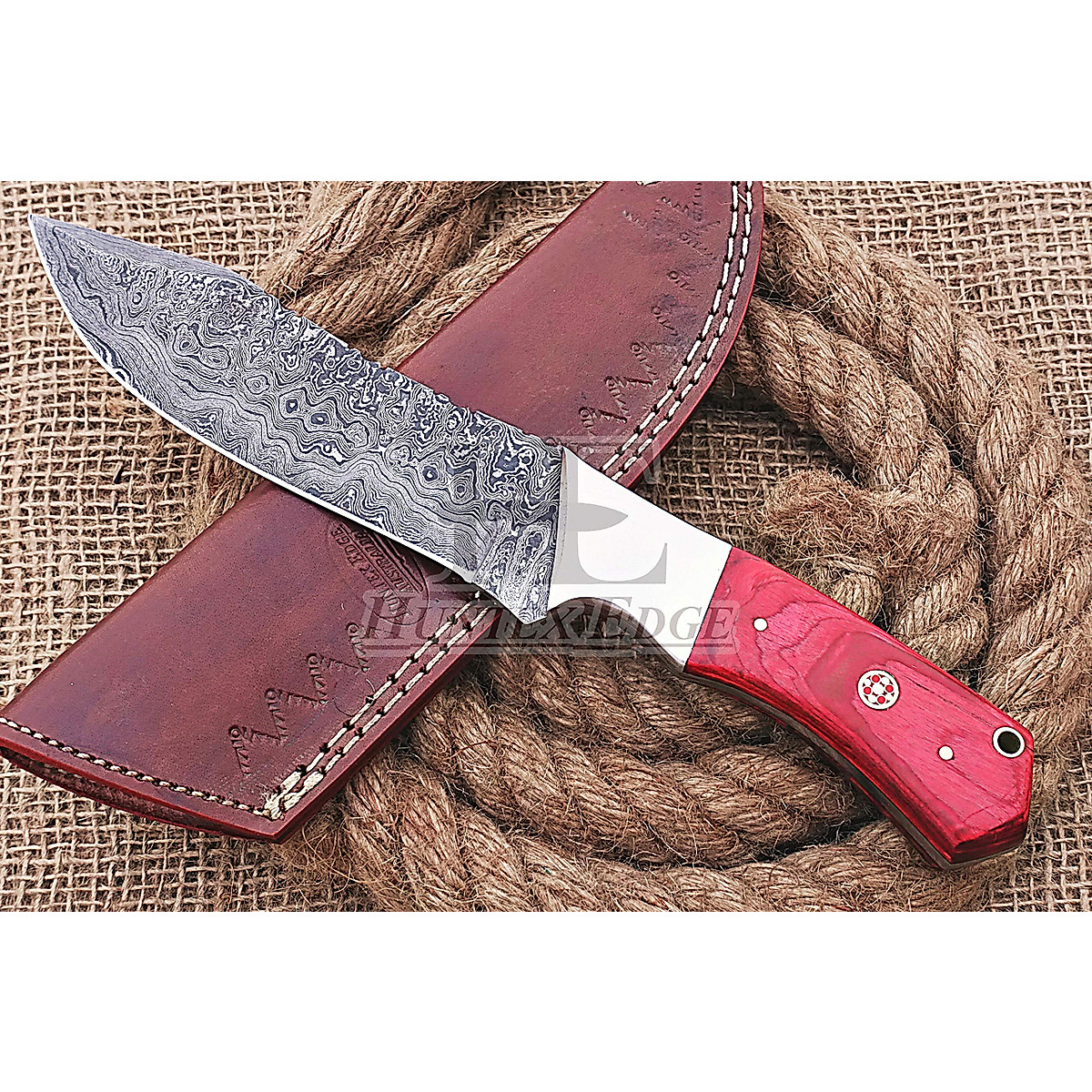 HUNTEX Handmade Hand-Forged Ladder Pattern Damascus Steel 10 Inch Long Full Tang Pakka Wood Handle Razor Sharp Hunting Camping Big Game Hunter Knife w/Genuine Leather Pouch