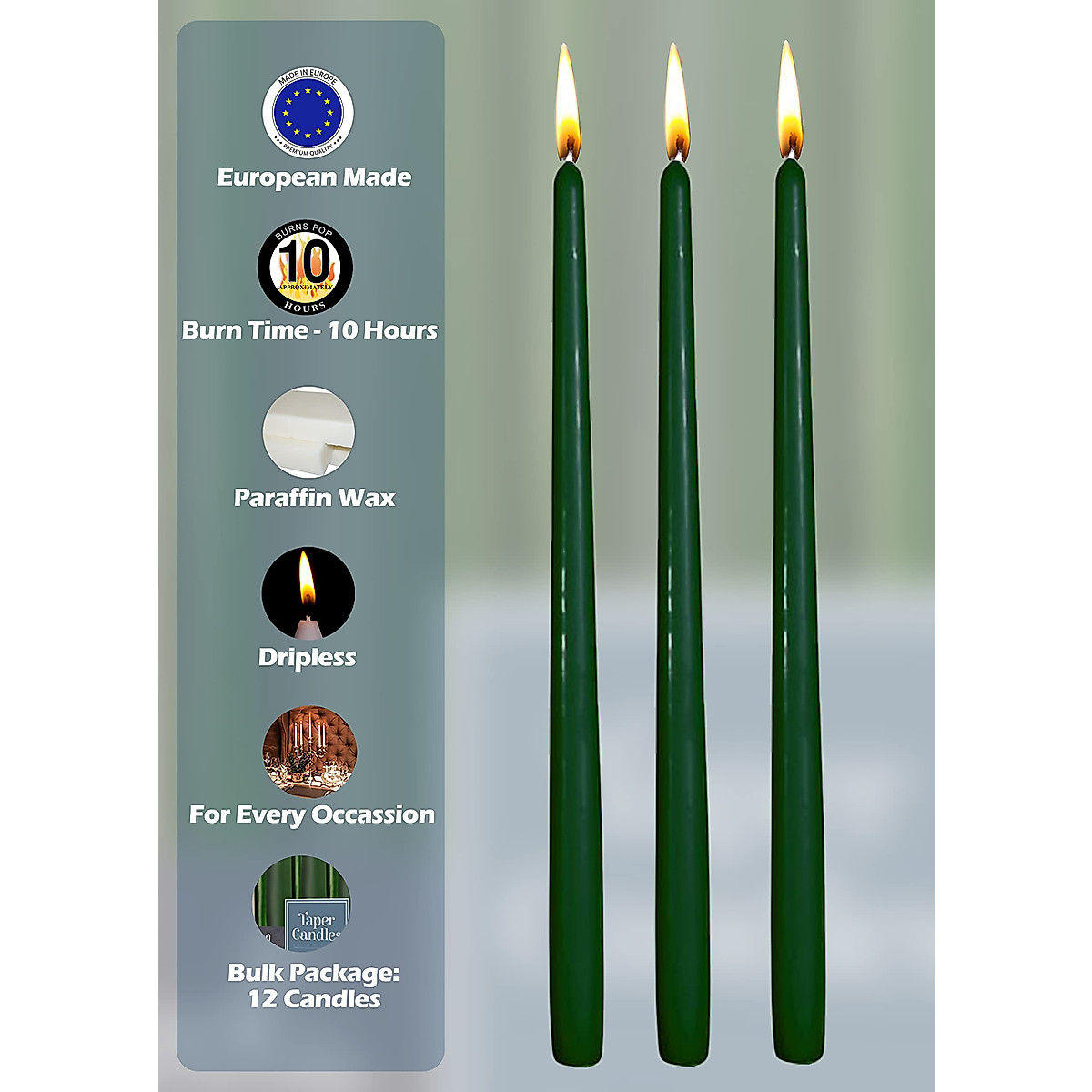 Hyoola 12 Pack Tall Taper Candles - 12 Inch Hunter Green Dripless, Unscented Dinner Candle - Paraffin Wax with Cotton Wicks - 10 Hour Burn Time