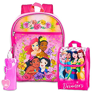 Disney Princess Backpack and Lunch Box Set for Girls Kids ~ Deluxe 16" Princess Backpack with Lunch Bag, Water Pouch, Moana Tattoos, Sofia Stickers (Disney Princess School Supplies)