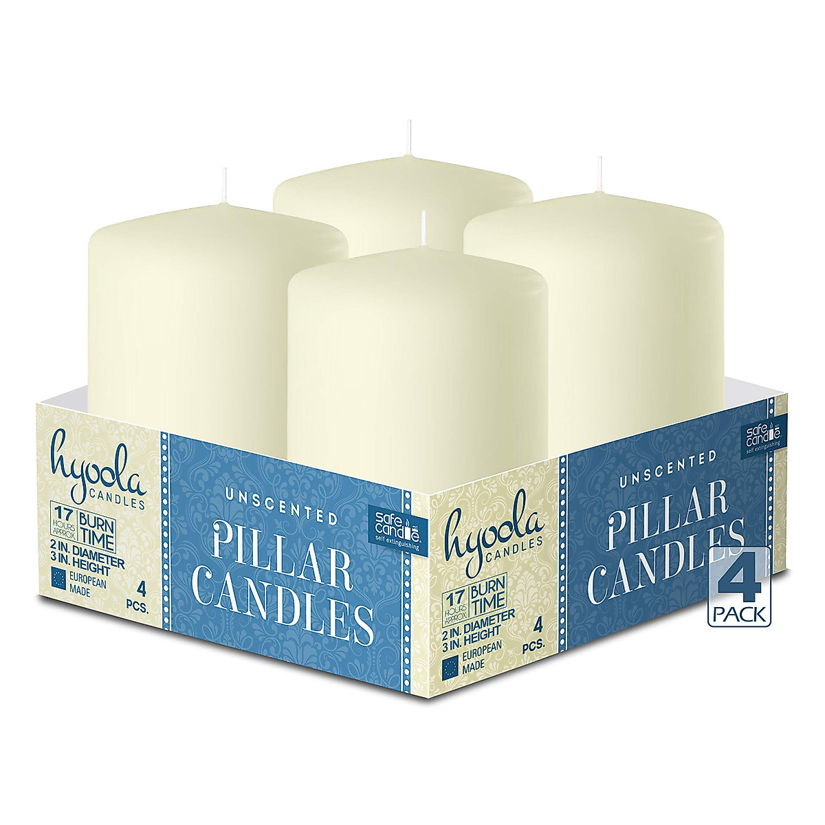 HYOOLA Ivory Pillar Candles 2x3 Inch - Unscented Pillar Candles - Set of 4 - European Made