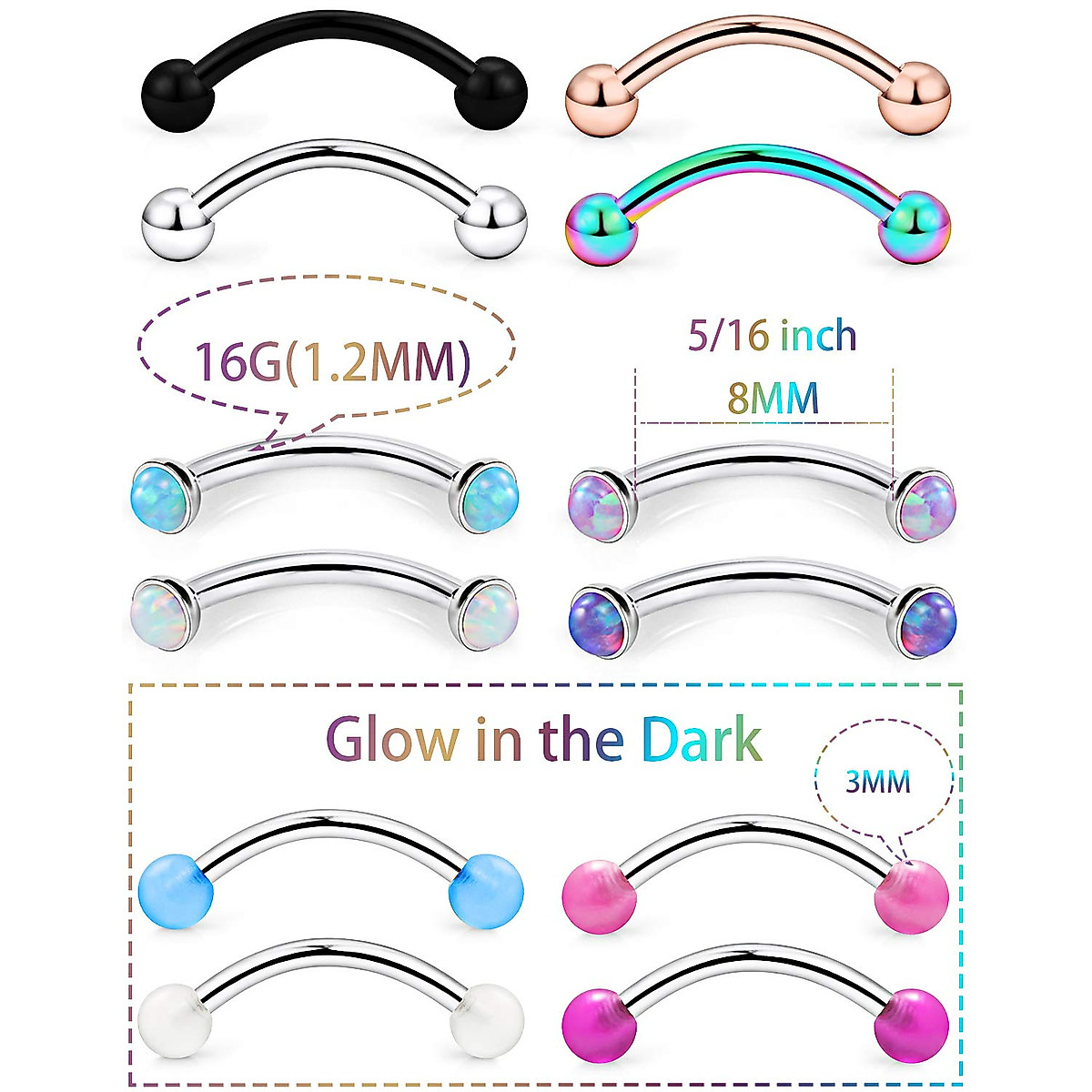 Prjndjw 16G Eyebrow Rings Surgical Steel Eyebrow Piercing Opal Glow in The Dark Cartilage Rook Daith Tragus Earrings Navel Belly Lip Curved Barbell Body Jewelry 5/16in(8mm) 12PCS 3mm