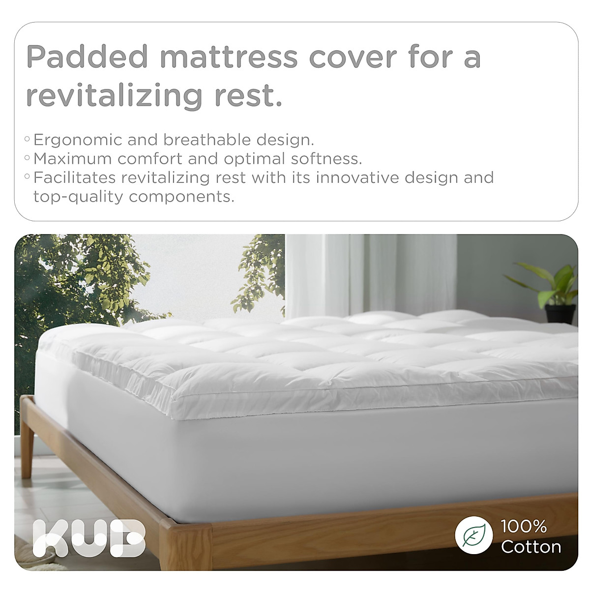 KUB Cotton Mattress Topper, Queen, Cooling Cotton Pillow Top with 8-21 Inch Deep Pocket, 3D Snow Down Alternative Fill, Breathable Fluffy Mattress Pad Cover (White, Queen 80 * 60inch)