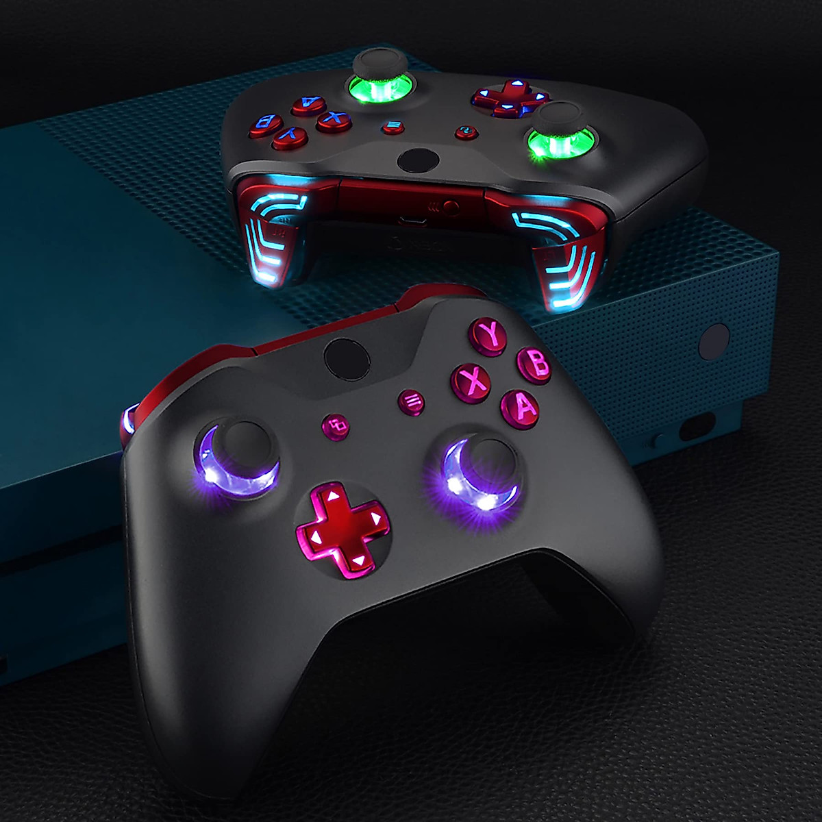 eXtremeRate Multi-Colors Luminated Dpad Thumbsticks Start Back ABXY Action Buttons, Scarlet Red Classical Symbols Buttons DTFS (DTF 2.0) LED Kit for Xbox One S & X Controller - Controller Without