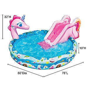 BANZAI Spray 'N Splash Unicorn Pool, Length: 78 in, Width: 60 in, Height: 32 in, Inflatable Outdoor Backyard Water Slide Splash Toy
