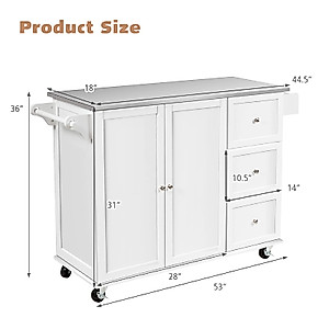 COSTWAY Kitchen Island cart on Wheels, Mobile Serving Cart w/Stainless Steel Countertop, 3 Drawers, 2-Door Cabinet, Adjustable Shelves, Towel Holder & Spice Rack, Utility Trolley on Wheels, White
