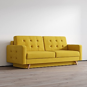 MEBLE FURNITURE & RUGS Vegas Futon Sofa Bed, Queen Sleeper with Storage, Yellow