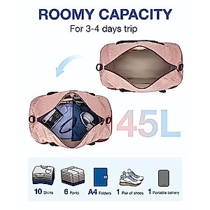 Travel Duffle Bag, BAGSMART 45L Large Carry On Bag Weekender Overnight Bag for Men Women with Shoes Compartment & Wet Pocket, Pink
