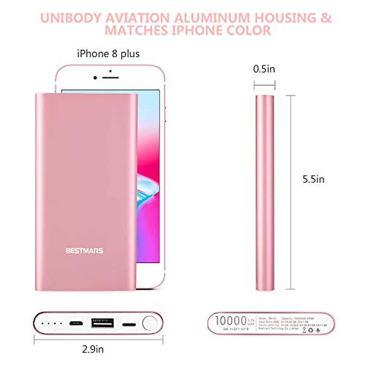 BESTMARS 10000mAh Quick Charge Portable Charger Fast Charging Power Bank Slim Back Up Battery Pack for iPhone 14 13 12 X XS PRO MAX 8 7 6 6s Plus iPad Android Samsung Galaxy Cell Phone Rose Gold Pink