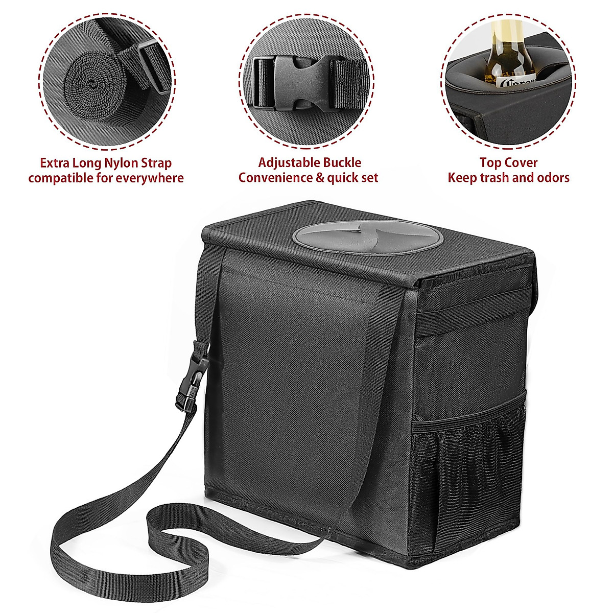 Ryhpez Car Trash Can with Lid - Car Trash Bag Hanging with Storage Pockets Collapsible and Portable Car Garbage Can with Metal Rack Support