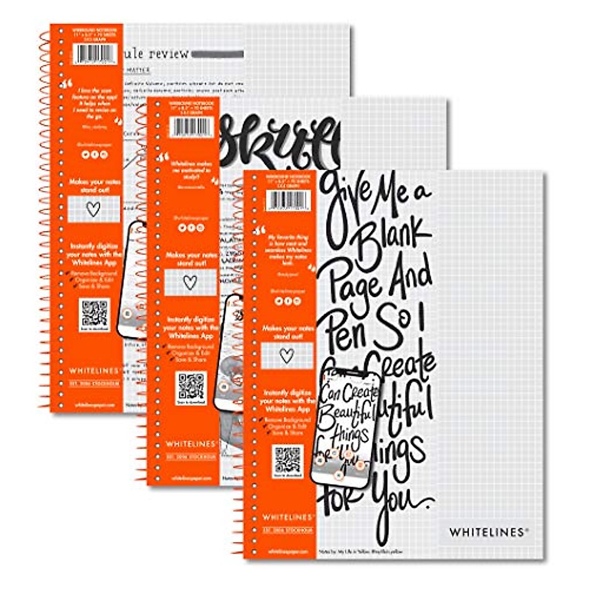 ROARING SPRING 3-pack Whitelines Premium 5x5 Graph Ruled Spiral Notebook, Digitally Download Your Notes, Free App, 11" X 8.5" 70 Sheets