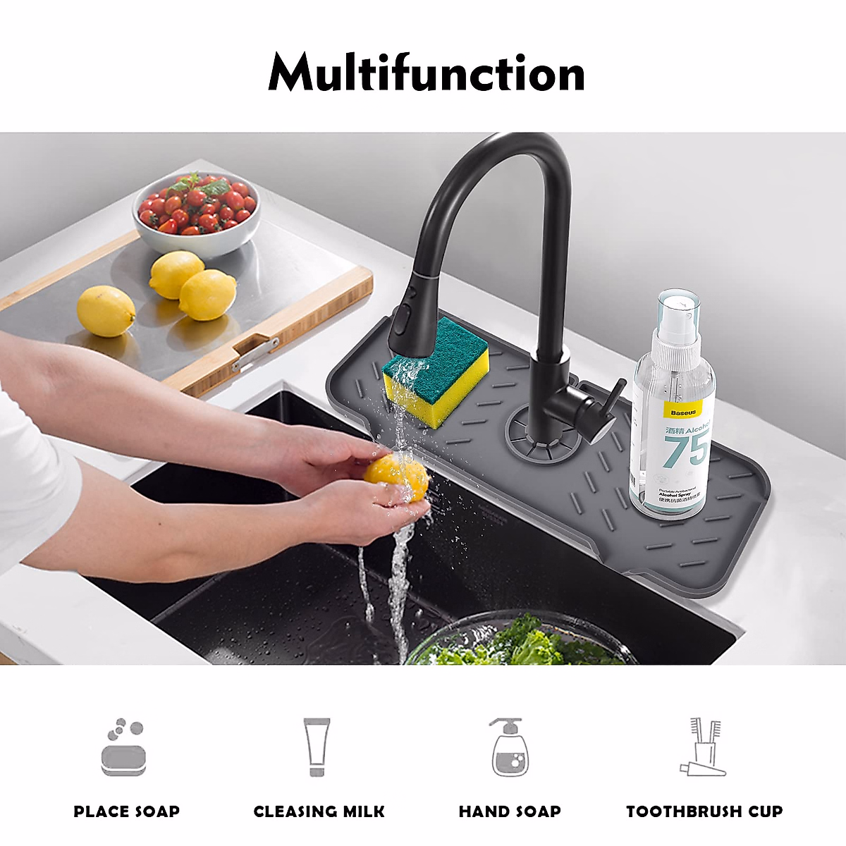 Silicone Faucet Mat for Kitchen, Sink Splash Guard, Bathroom Faucet Water Catcher Mat, Sink Draining Pad Behind Faucet, VENMATE Keep Drying Kitchen Accessories (Grey (14.6" x 5.5"))