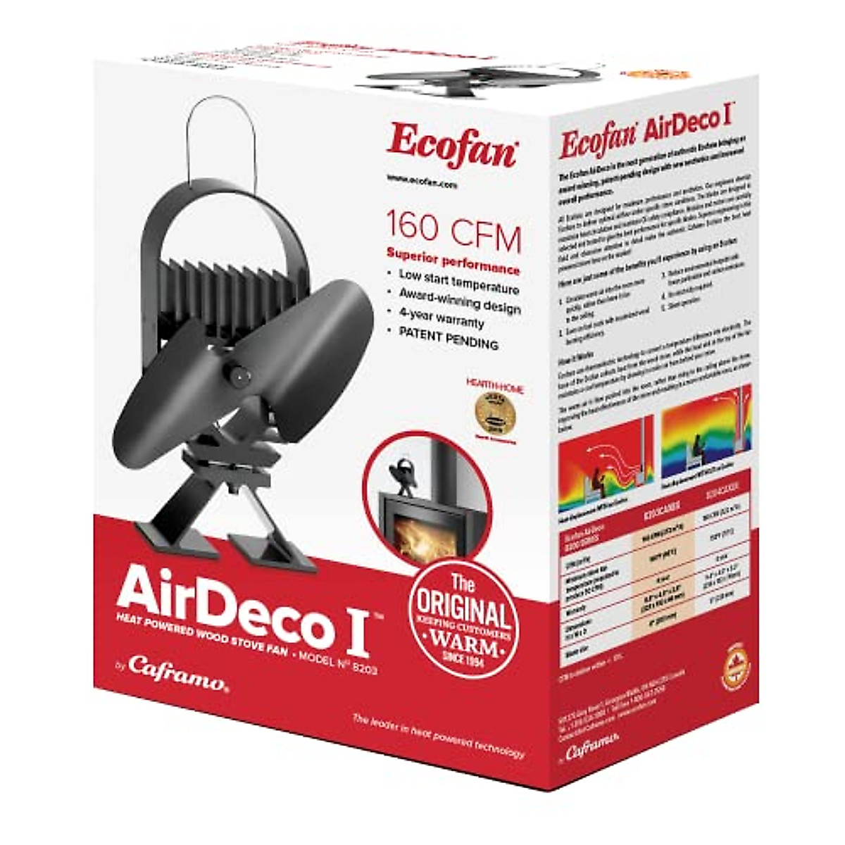 Ecofan® AirDeco I, Superior Performance Stove Fan, Heat Powered, Contemporary Style. Low Start Temperature, 160CFM Black Blade, Mid-Sized