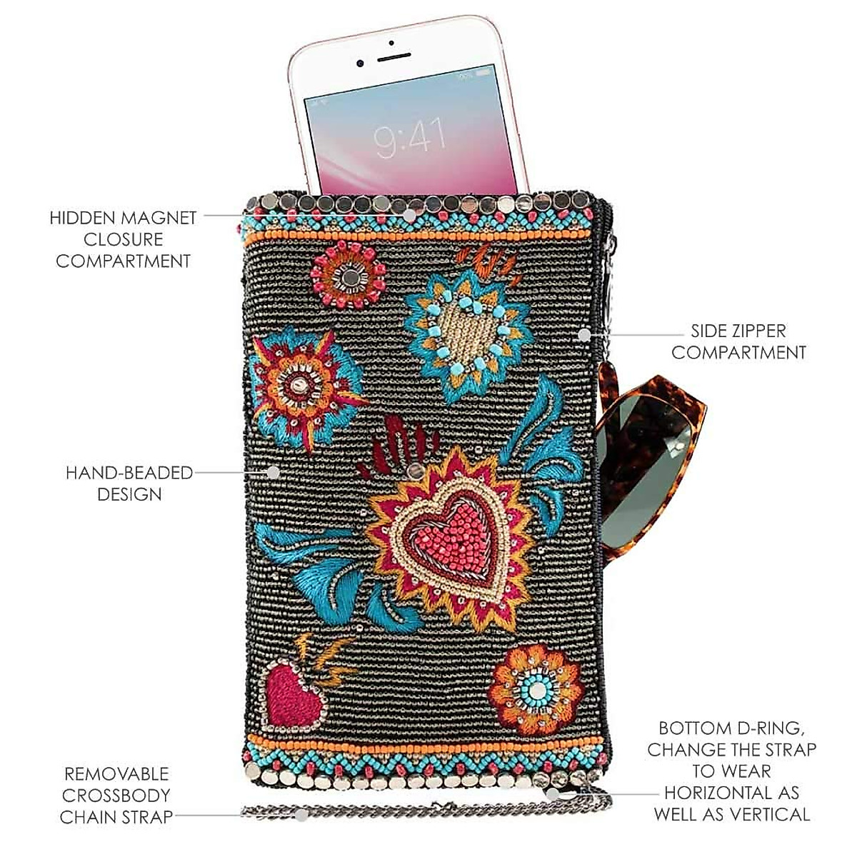 Mary Frances Flaming Hearts Beaded Crossbody Phone Bag, Pewter