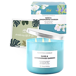 Sage Lemongrass Garden Scented Candle | Refreshing Lemongrass Candle for House Cleansing | Natural 3 Wick Soy Candle 15.8 oz | Aromatherapy Relaxing Candle for Women & Men | Clean Burn Scented Candle