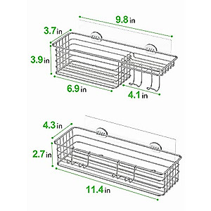 SMARTAKE 2-Pack Shower Caddy, Combined Bathroom Shelf with Soap Dish and Hooks for Hanging Razor Brush Sponge, Wall Mounted Rustproof Basket with Adhesive, No Drilling, 304 Stainless Steel, Silver