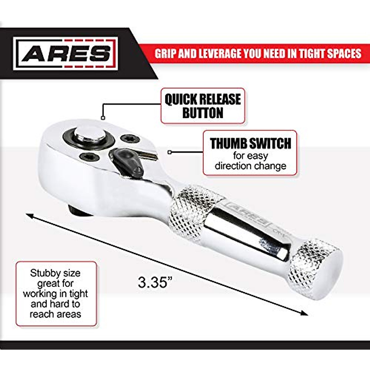 ARES 42035-1/4-Inch Drive 72-Tooth Stubby Ratchet - Chrome Vanadium Steel Construction and Mirror Polish Finish - 3.35-Inch Length - Quick Release Reversible Head