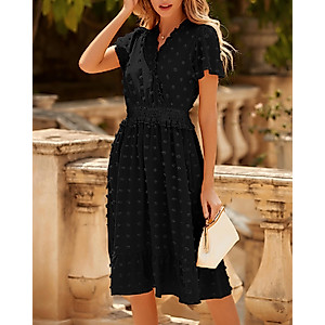 BTFBM Women's Summer Elegant Short Sleeve V Neck Swiss Dot Midi Dresses Cute Boho High Waist Long Dresses A-Line Ruffle Dress（Solid Black,X-Large
