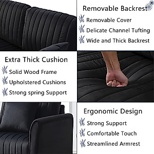 Tmosi Modern Velvet Single Sofa Couch Chair,Accent Armchair with Removable Backrest Pillows,Arm Club Leisure Modern Chair with Gold Metal Legs for Living Room,Bedroom,Office,Apartment (Black)