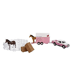 Kids Globe 1:32 Scale Pink Mitsubishi L 200 in diecast with Pullback & Horse Trailer, 2 Horses and Accessories KG520205