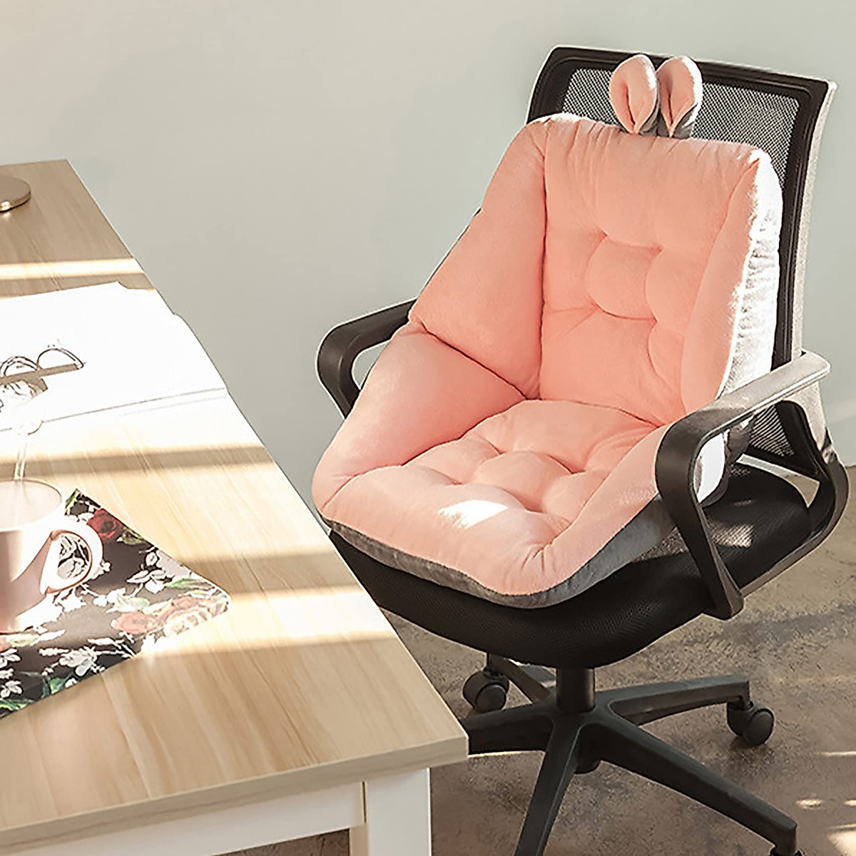 ZYBCQL Semi-Enclosed Bunny Ears Seat Cushions with Ties,Cute Cartoon Crystal Velvet Chair Cushion Floor Pillow for Office Chair-Grey 52x52cm(20.5x20.5in)