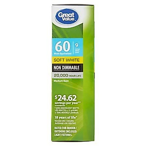 Great Value LED Light Bulb 9Watts 60Watts Equivalent Soft White Pack of Two, 4 Bulbs in each pack
