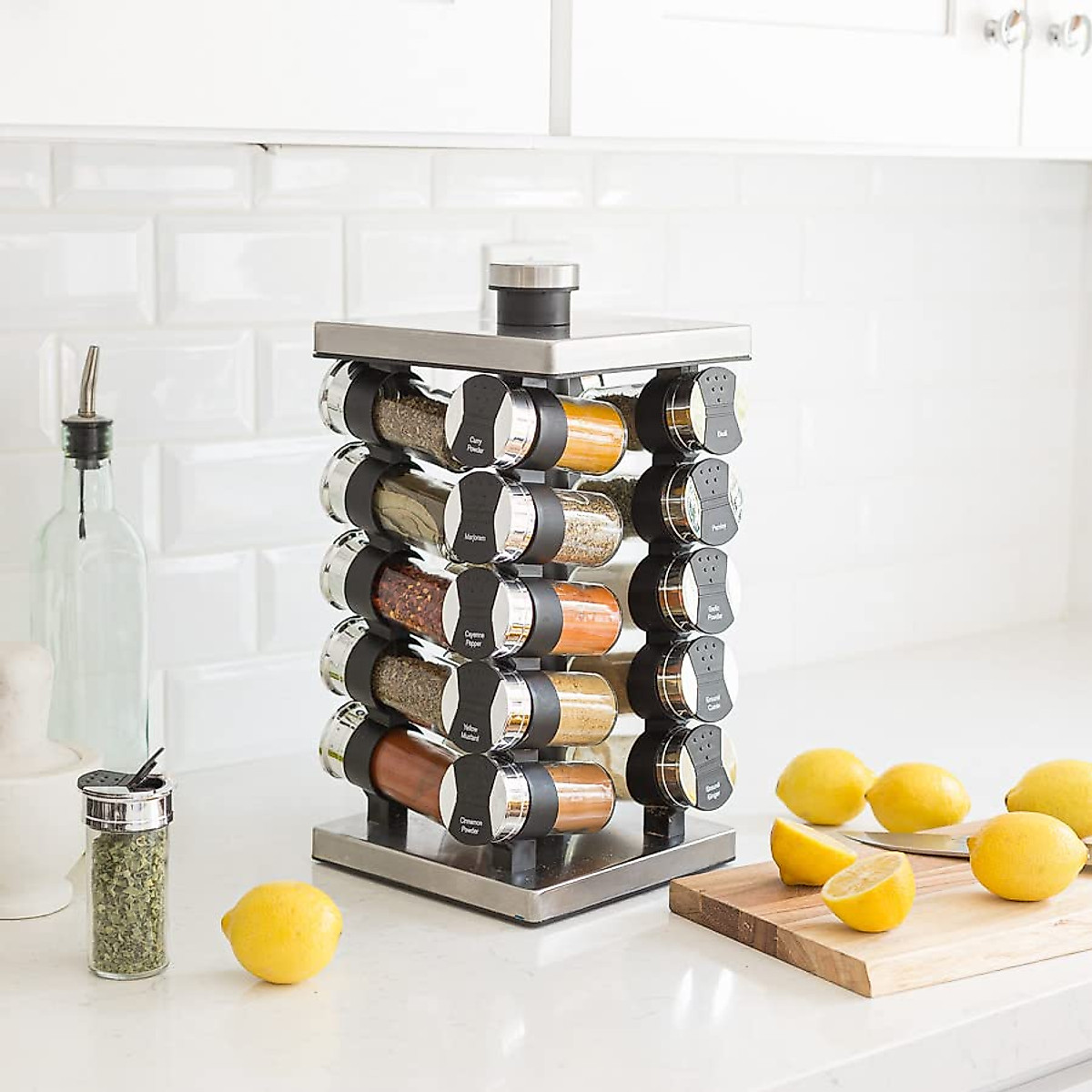 Orii Rotunda 20 Jar Spice Rack Filled with Spices & Top Label - Rotating Standing Rack Shelf Holder & Countertop Spice Rack Tower Organizer for Kitchen Spices, Free Spice Refill for 5 Years