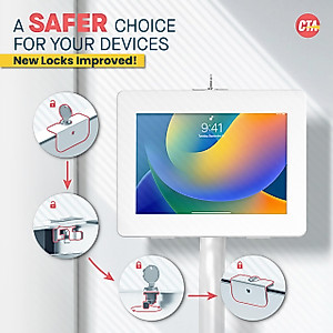 Anti-Theft Height Adjustable Kiosk Floor Stand CTA Secure Lockable Store Kiosk W/Height Adjustable Mechanism | for iPad 7/8/9 iPad Pro 11” Inch Samsung & Microsoft Tablets - White (PAD-PARAFDW)
