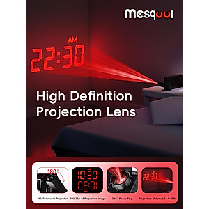 Projection Digital Alarm Clock with Bed Shaker for Bedroom, Extra Loud Alarm Clock for Heavy Sleeper, 180° Rotable Ceiling Projector Clock,2 Alarm,5 Dimmer Volume,USB Charger, Battery Backup,12/24H…