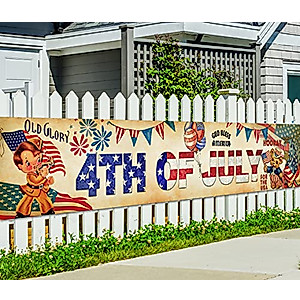 4th of July Patriotic Banner - Vintage Style Independence Day Yard Sign Banner - Fourth of July Party Supplies for Indoor Outdoor (118X24inch)