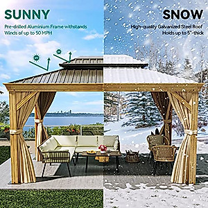 YITAHOME 10x12ft Hardtop Gazebo with Nettings and Curtains, Wood Grain Heavy Duty Double Roof Galvanized Steel Outdoor Combined of Vertical Stripes Roof for Patio, Backyard, Deck, Lawns, Brown