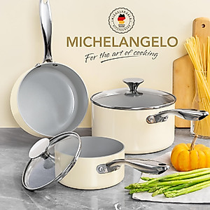 MICHELANGELO Sauce Pan with Lid, Non Stick Saucepan Set of 3-1Qt & 2Qt & 3Qt Small Pots for Cooking, Ceramic Saucepan - Non-Toxic, Scratch-Resistant, Oven Safe, Beige