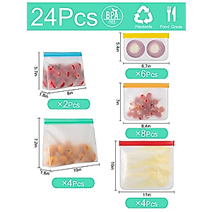 ANPHSIN 24 Pack Reusable Food Storage Bags- Stand Up & Flat Ziplock Bags BPA Free Freezer Bags, 10 Leakproof Sandwich Bags, 8 Food Grade Gallon Bags, 6 Resealable Snack Bags for Meat Veggies Fruit