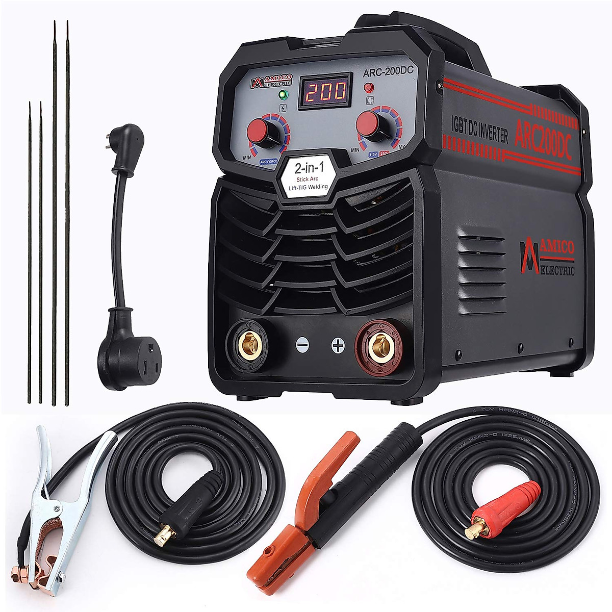 LANCERGEARS Amico ARC-200, 5-200 Amp Stick Arc Lift-TIG Combo Welder, 100-250V Wide Voltage Welding, 80% Duty Cycle, Compatible with All Electrodes: E6010 E6011 E6013 E7014 E7018 etc.
