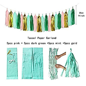 Sage-Green Pink Mint Gold Birthday Decorations - 31pcs Party Kits Happy Birthday Banner Flags,Tissue Paper Pom Poms,Circle Dots Garland,Tassel Streamers,40th 50th Women Men Birthday Decor Panduola