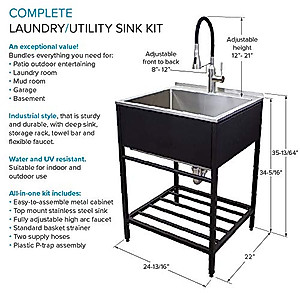 Transolid TFH-2522-MB 25 in. x 22 in. x 34.3 in. Stainless Steel Laundry Sink with Wash Stand in Matte Black