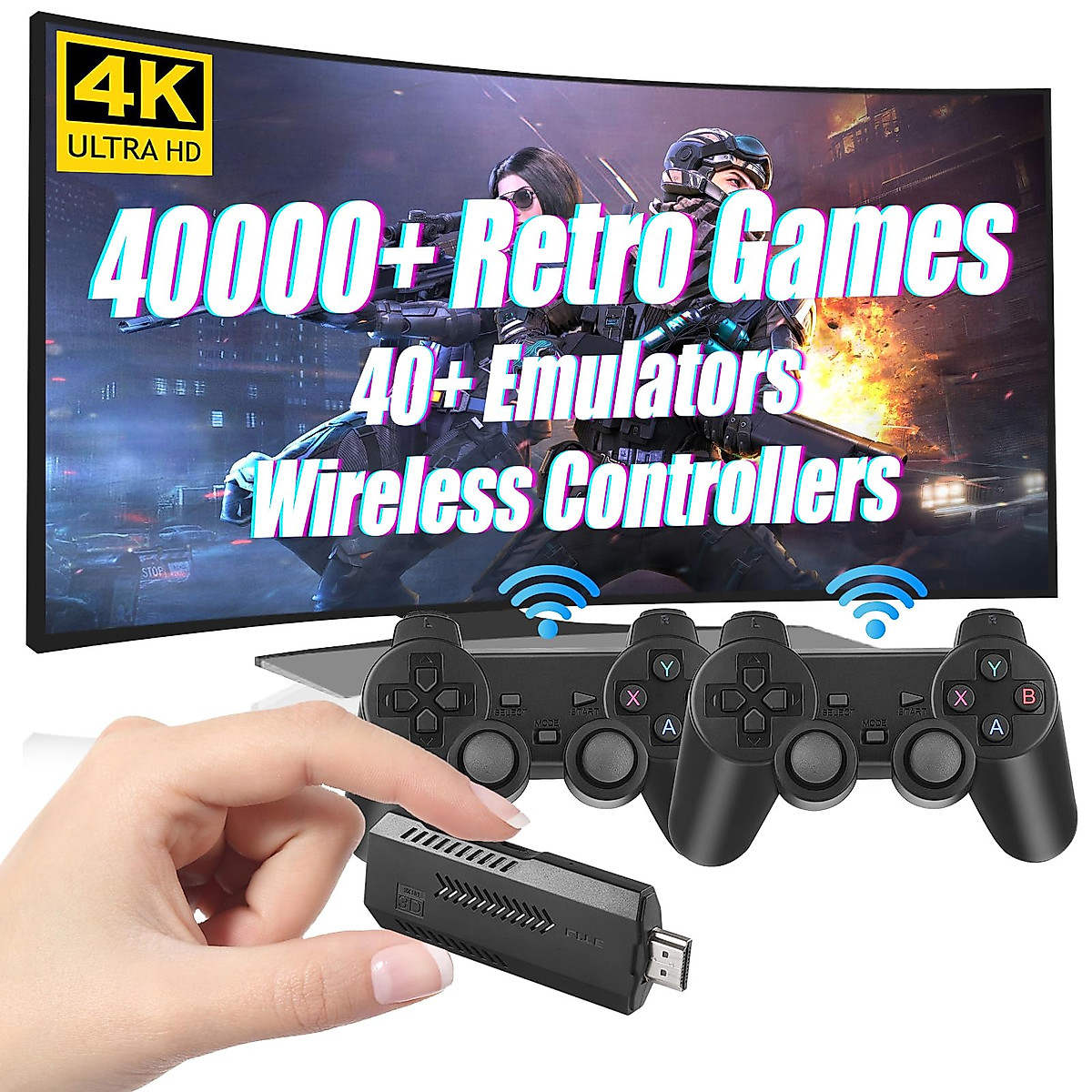 Wireless Retro Game Console, 128G Game Console with Built-in 40,000 Games, 40+ Emulators, Dual Wireless Controllers, Plug & Play Video Game Consoles, 4K HDMI Nostalgia Stick Game for TV