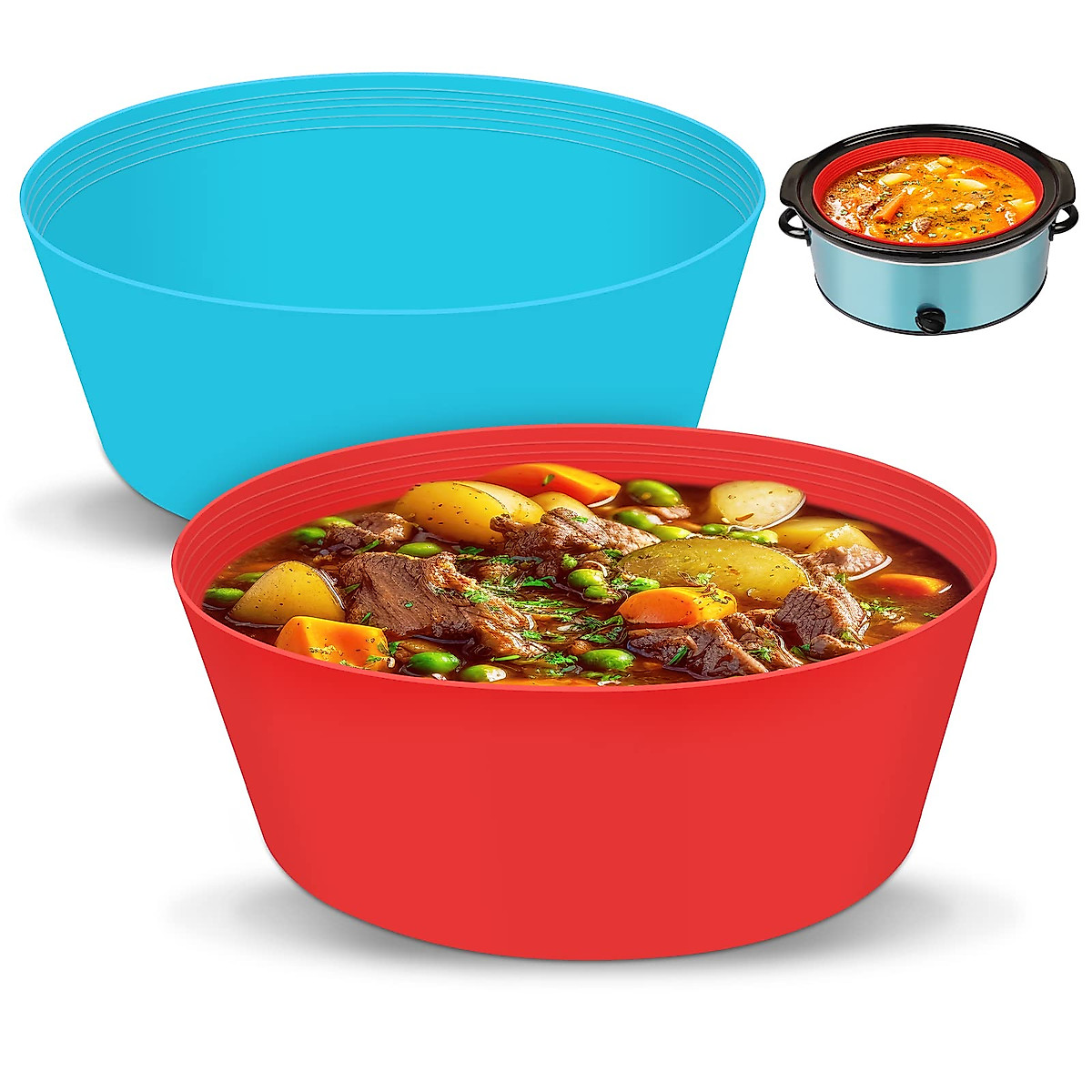 Silicone Slow Cooker Liners fit Crock-Pot 7-8 Quart Oval Slow Cooker，Reusable & Leakproof Dishwasher Safe Cooking Liner for 7 Quart Crock Pot (Blue+Red [Fit 7 to 8 QT][12"D x 9.25"W x 4.92"H])