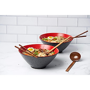 KooK Ceramic Japanese Ramen Bowl Set, with Wooden Spoons and Chopsticks, Noodle Soup Bowl, Microwavable, for Udon Soba Pho Asian Noodles, 60 oz, Black/Red, Set of 2