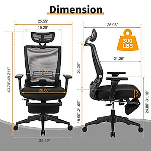 Foldable Ergonomic Office Chair with Footrest, High Back Computer Chair with 2D Headrest, Mesh Back, Sponge Seat, Adjustable Lumbar Support, 2D Armrest, Home Office Desk Chair, Black