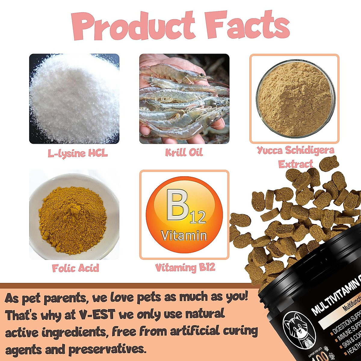 V-EST Cat Supplements - Lysine for Cats - Cat Supplements & Vitamins- Cat Immune Support, Digestive Support - Sneezing Relief - Lysine Cat Treats - Cat Vitamins for Indoor Cats - Cat Health Supplies