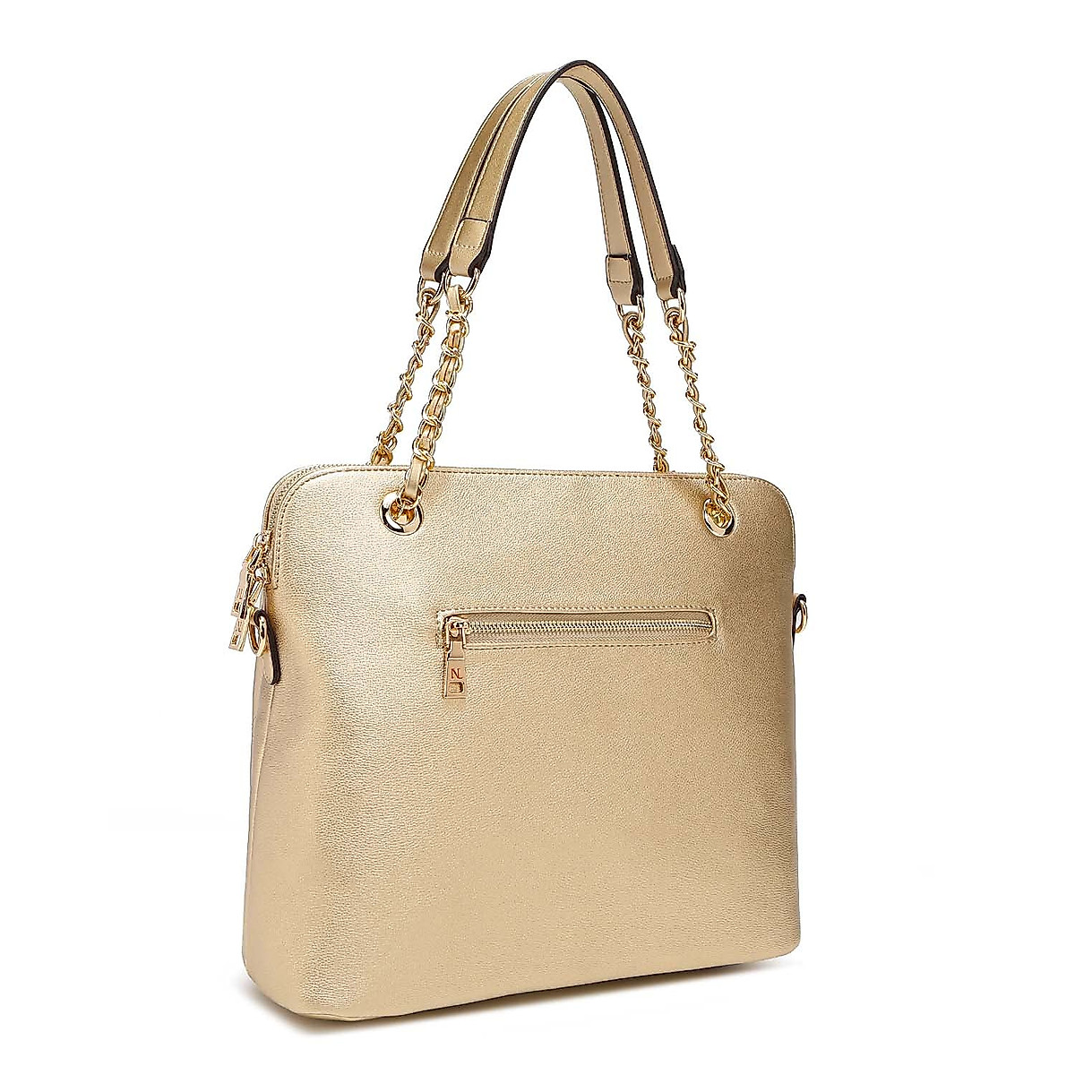 Nicole Lee Elena Tote, Chain Link Vegan Leather Strap, Front Pocket - Gold