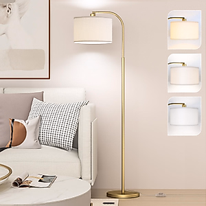 CNXIN Arc Floor Lamps for Living Room with 3 Color Temperatures, Modern Floor Lamp Reading Light with 9W Bulb Included, Standing Lamp with Adjustable White Hanging ‎Lampshade for Bedroom Office(Gold)