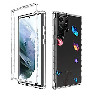 Vavies Case for Galaxy S22 Ultra Case, SM-S908U Case with Tempered Glass Screen Protector, Full Body Clear with Floral Protection Phone Cover Cases for Samsung Galaxy S22 Ultra 5G (Butterfly Tree)