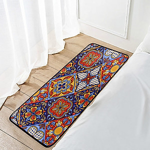 STAYTOP Mexican Talavera Ceramic Tile Pattern Kitchen Rugs,Polyester Non Slip Cushioned Mats Antifatigue Comfort Floor Mat Doormat for Kitchen Washroom Bedroom 39x20in